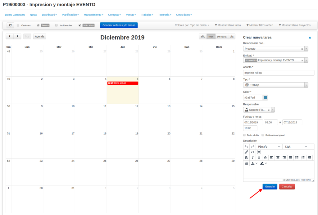 Cómo crear una tarea desde el calendario del proyecto - Soporte Fixner